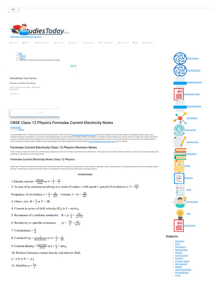 CBSE Class 12 Physics Formulae Current Electricity Notes Concepts For ...