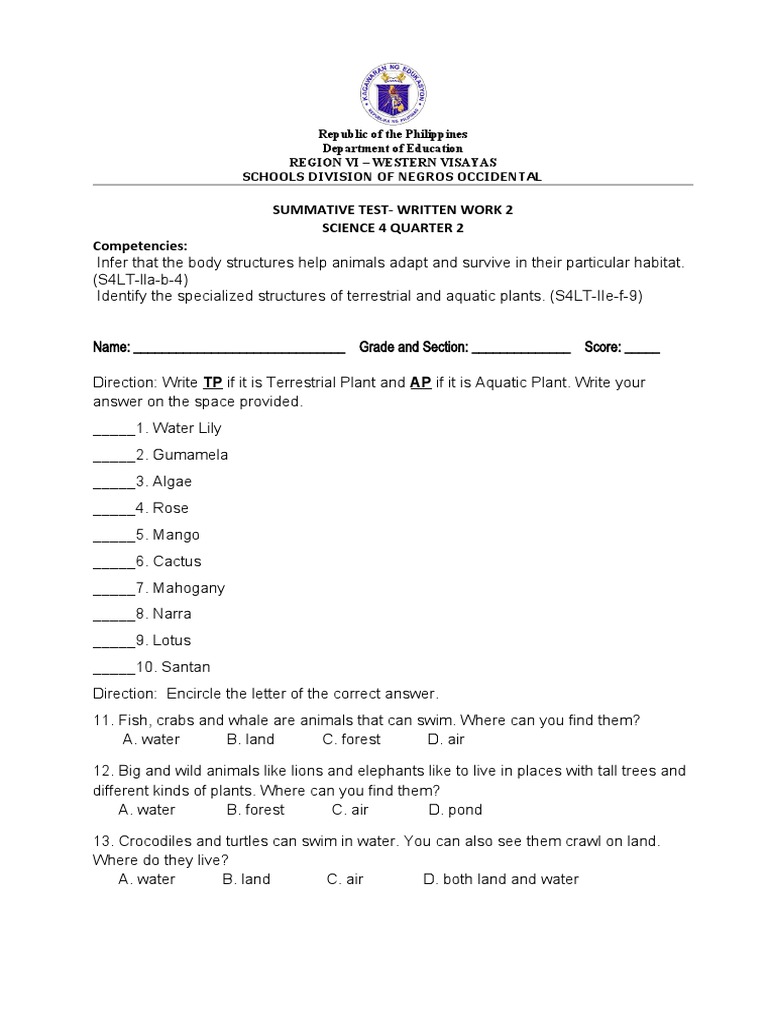 Summative Test-Written Work 2 Science 4 Quarter 2 Competencies | PDF ...