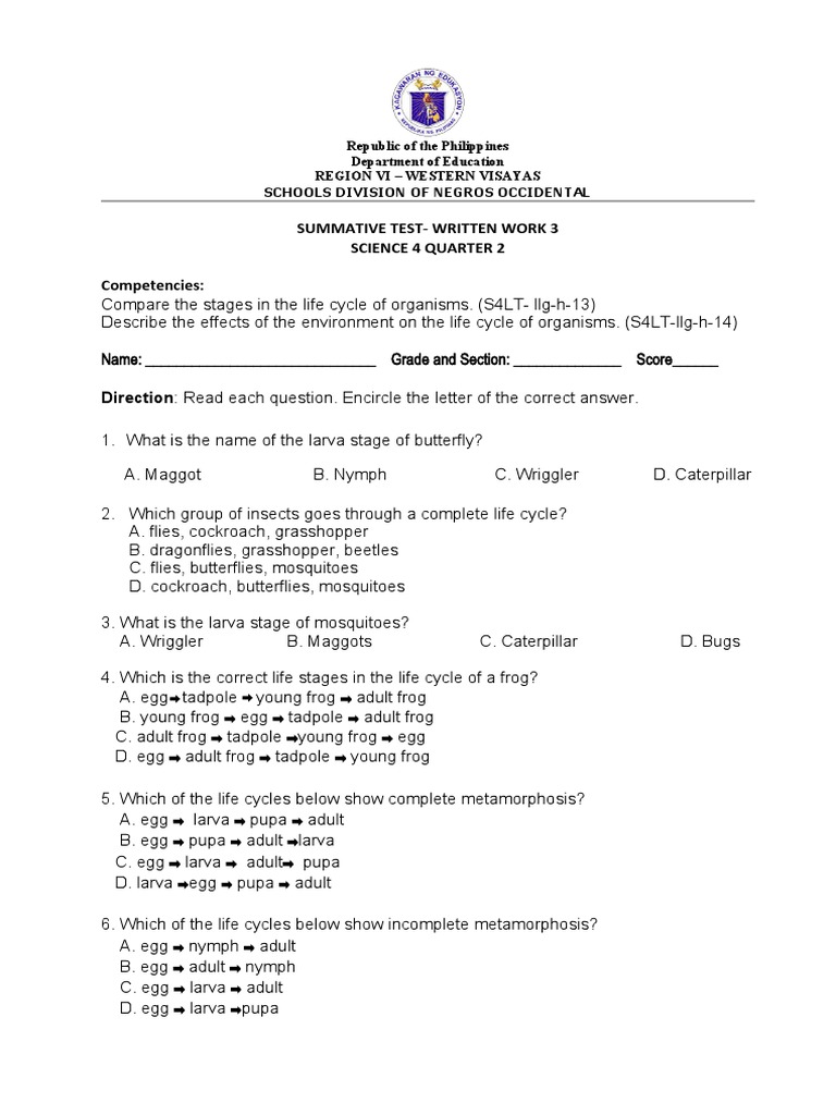 Summative Test-Written Work 3 Science 4 Quarter 2 Competencies ...