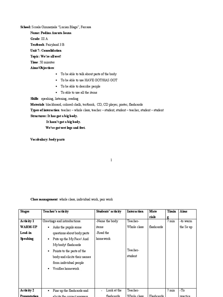 Grade III A English Lesson Plan: Body Parts | PDF | Communication ...