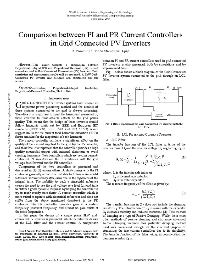 Comparison Between PI and PR Current Controllers in Grid Connected PV Inverters | PDF | Power ...