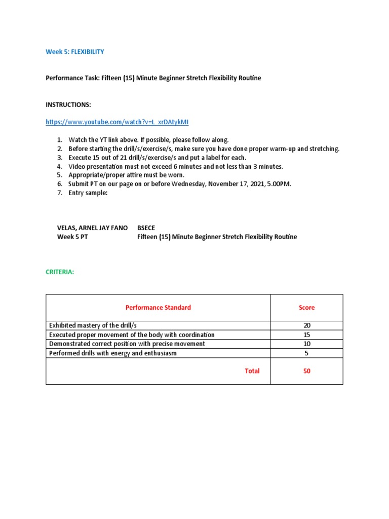 Performance Task: Fifteen (15) Minute Beginner Stretch Flexibility ...