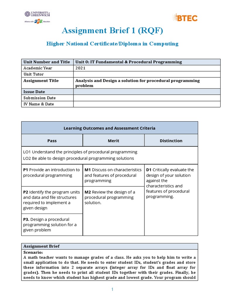 Assignment Brief 1 (RQF) : Higher National Certificate/Diploma in Computing | PDF | Computer ...
