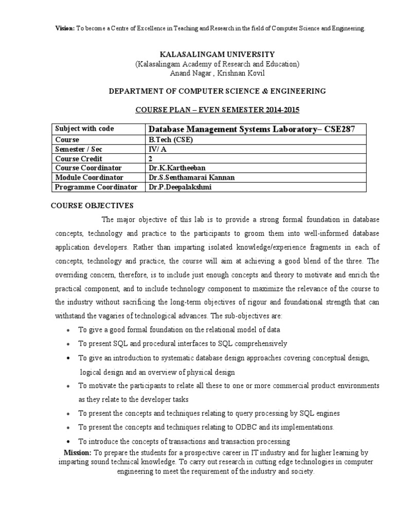 DBMS Laboratory Course Overview | PDF | Databases | Pl/Sql