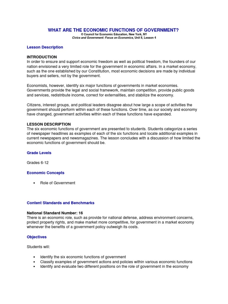 What Are The Economic Functions of Government?: Lesson Description ...