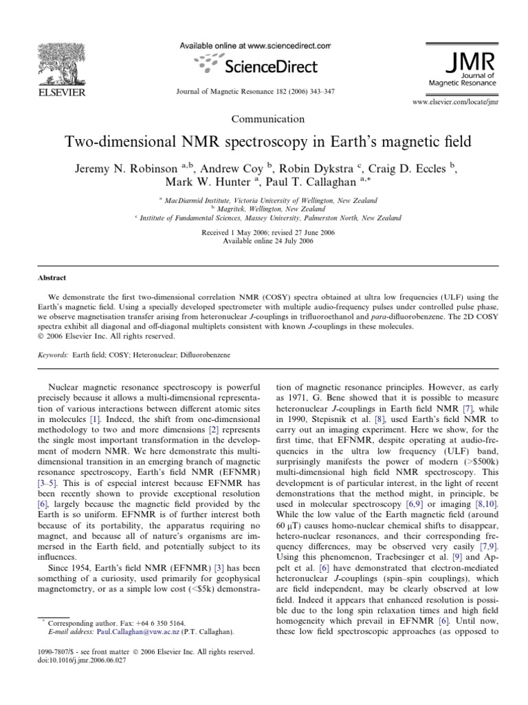 Two-Dimensional NMR Spectroscopy in Earth's Magnetic Field | PDF | Nuclear Magnetic Resonance ...
