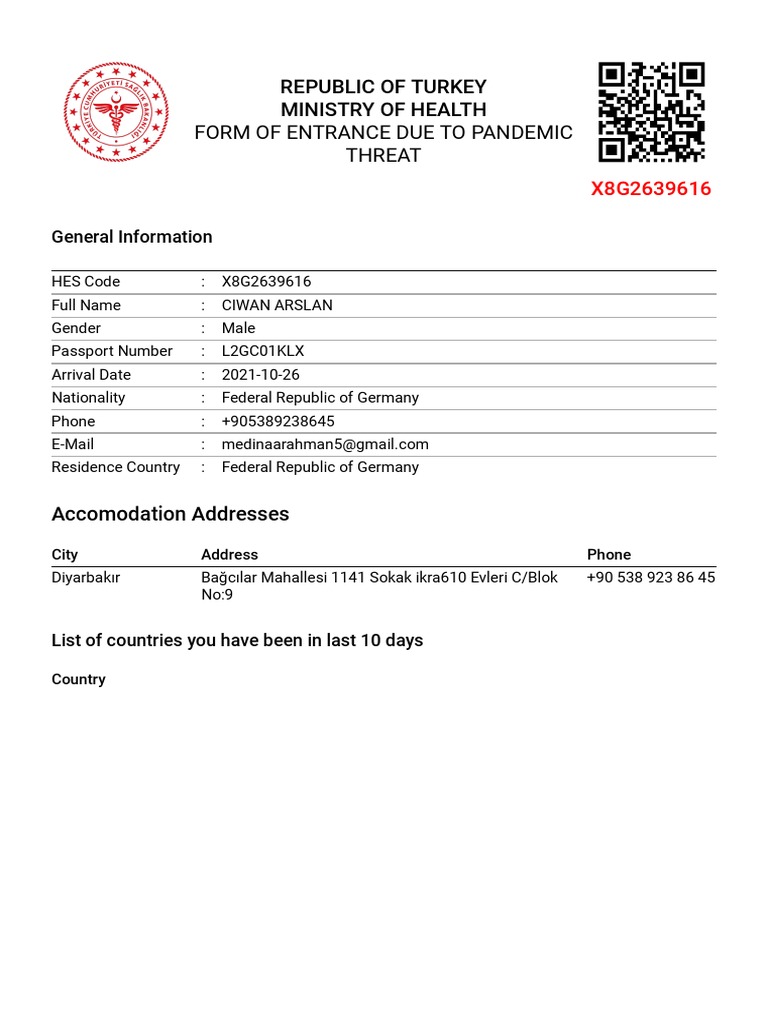 Republic of Turkey Ministry of Health Form of Entrance Due To Pandemic ...