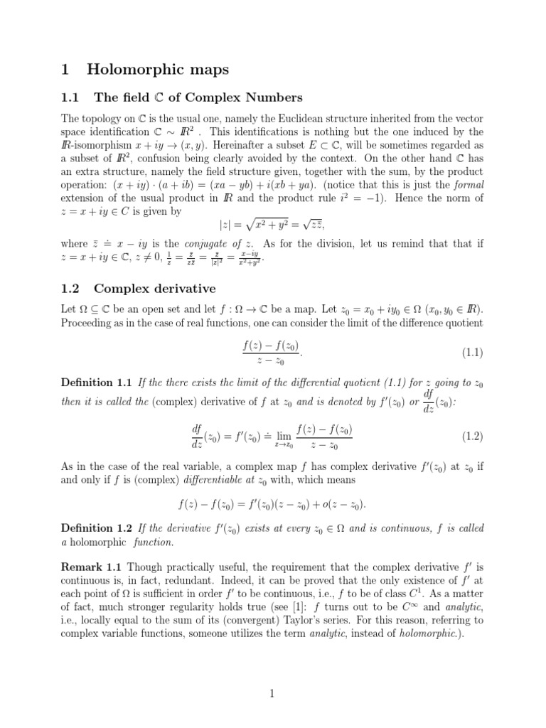 1 Holomorphic Maps: 1.1 The Field C of Complex Numbers | PDF | Holomorphic Function | Mathematics