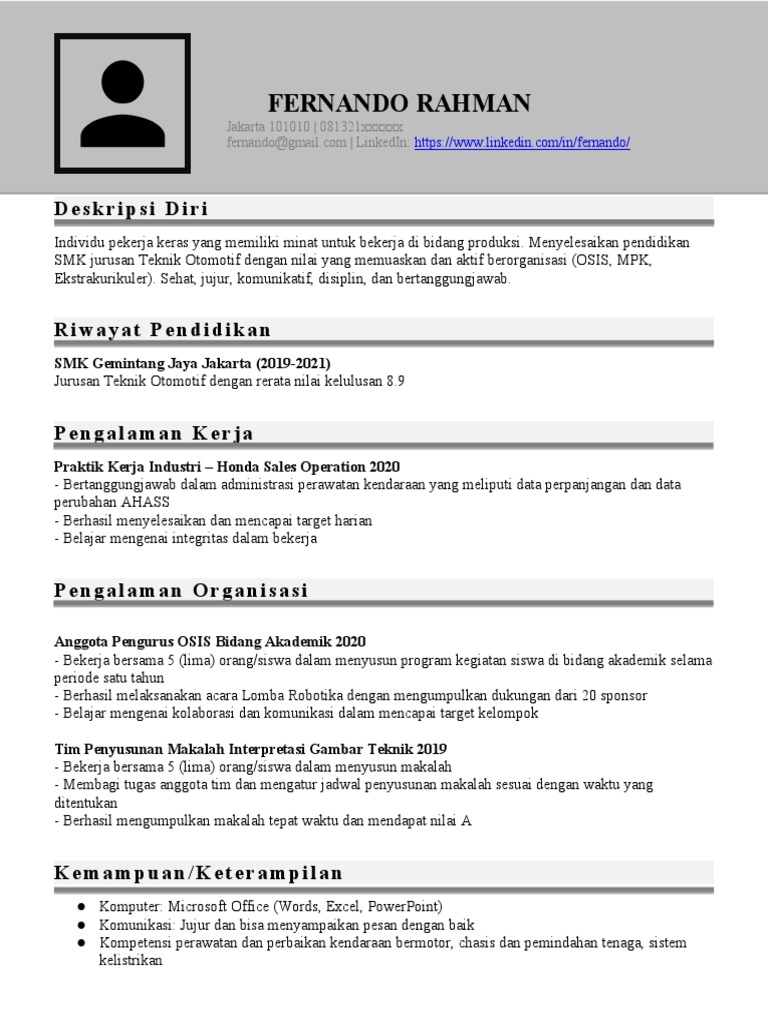 Contoh CV Lulusan SMK (Updated) | PDF