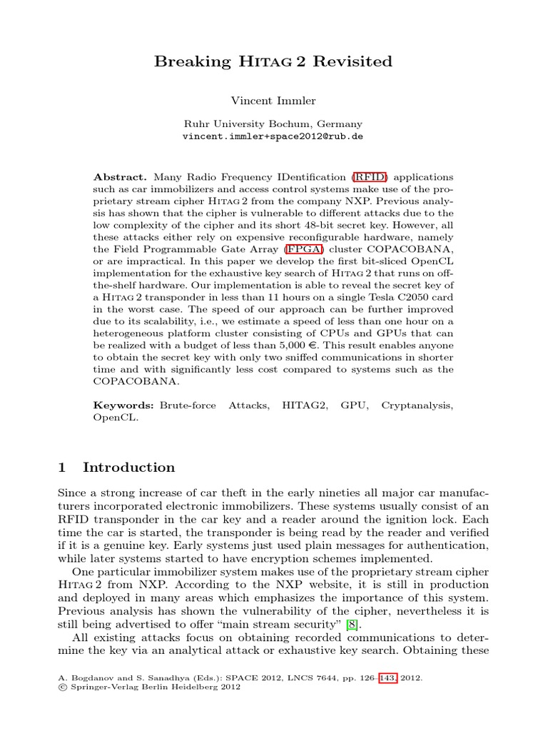 Breaking Hitag 2 Revisited: A. Bogdanov and S. Sanadhya (Eds.) : SPACE ...