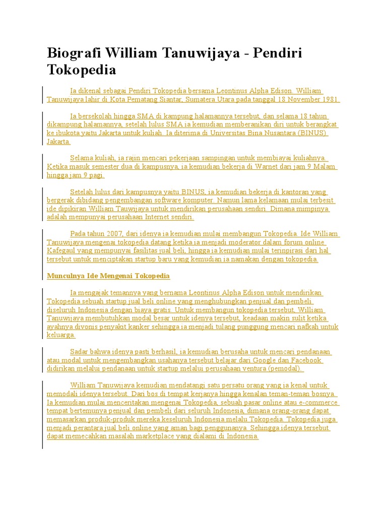 Biografi William Tanuwijaya Founder Tokopedia | PDF