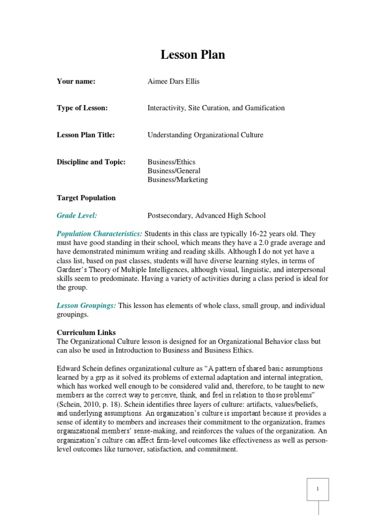Sample Lesson Plan Understanding Organizational Culture | PDF ...