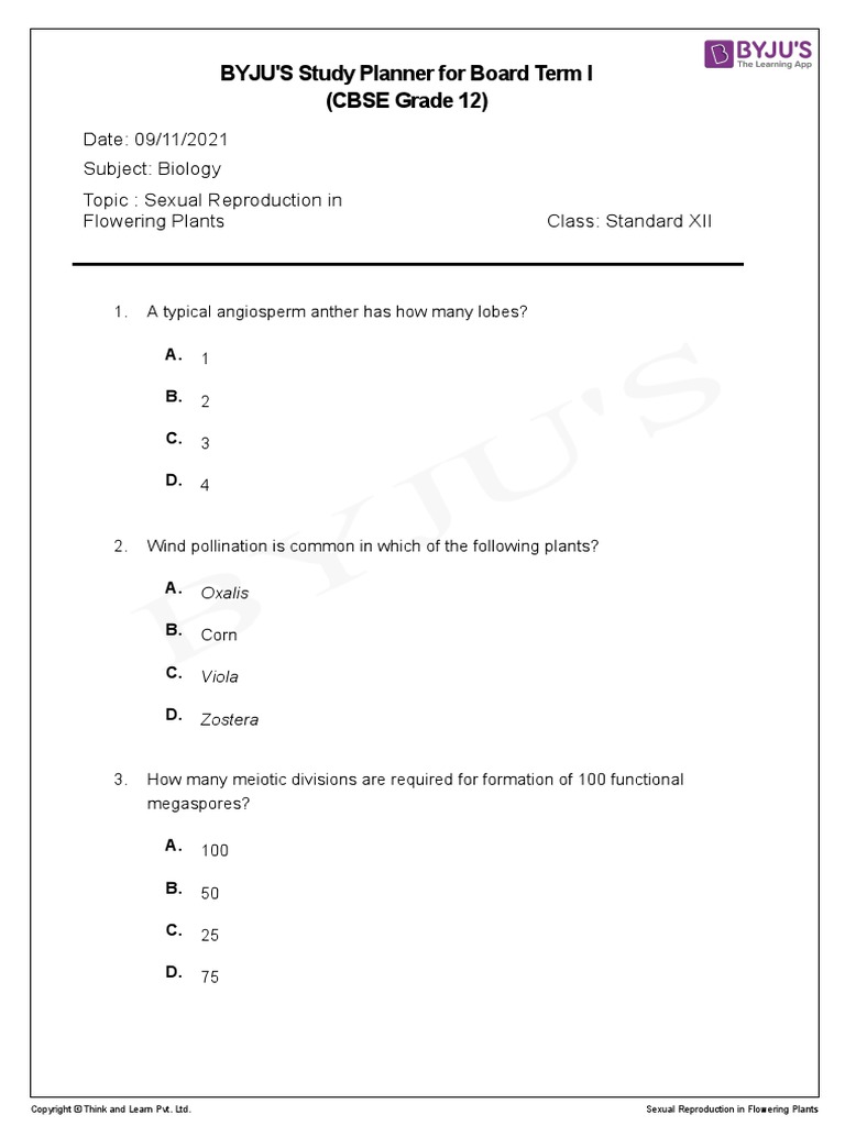 CBSE Class 12 Biology Sexual Reproduction in Flowering Plants Practice ...