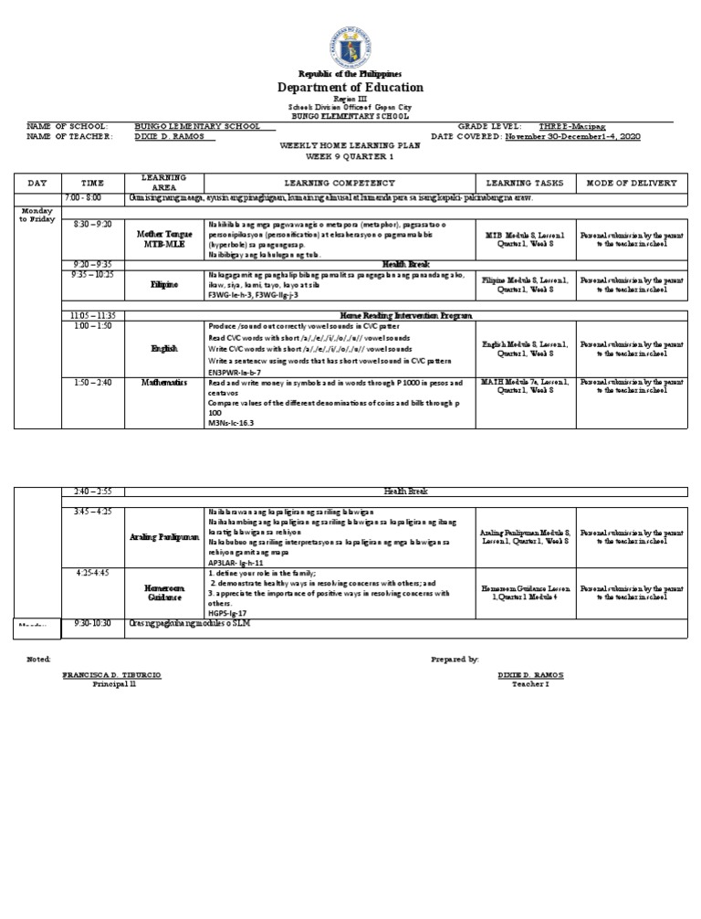 Weekly Home Learning Plan Week 9 | PDF