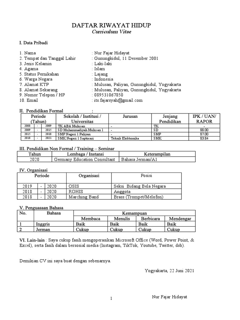 CV Nur Fajar Hidayat | PDF
