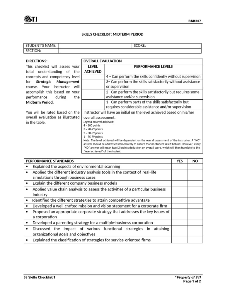 Midterm Skills Checklist for Strategic Management | PDF | Strategic ...