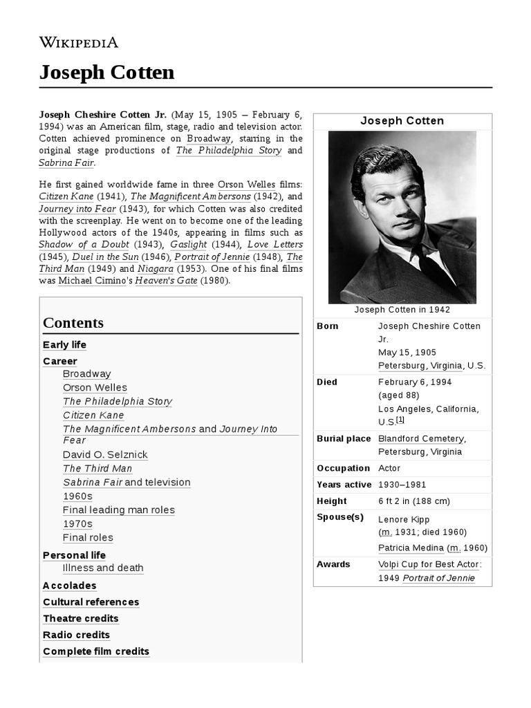 Joseph Cheshire Cotten Jr. (May 15, 1905 - February 6 | PDF