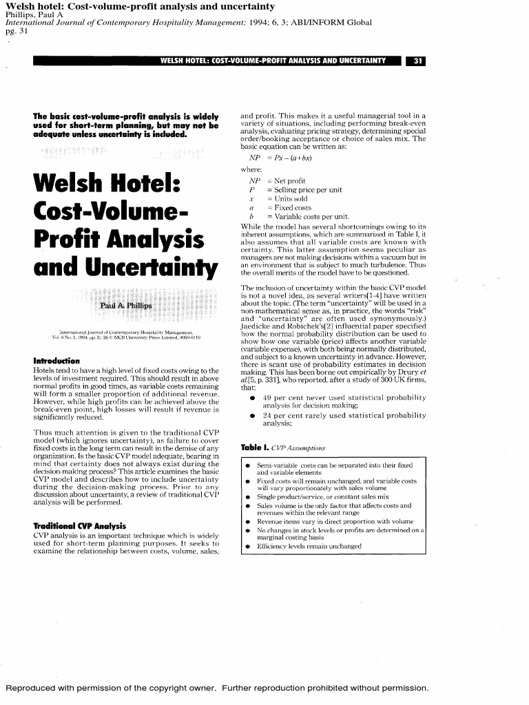 Welsh Hotel Cost-Volume-Profit Analysis and Uncertainty | PDF | Mean ...