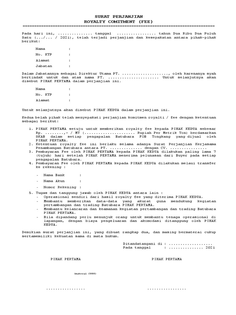 Draf Surat Perjanjian Komitmen Fee | PDF