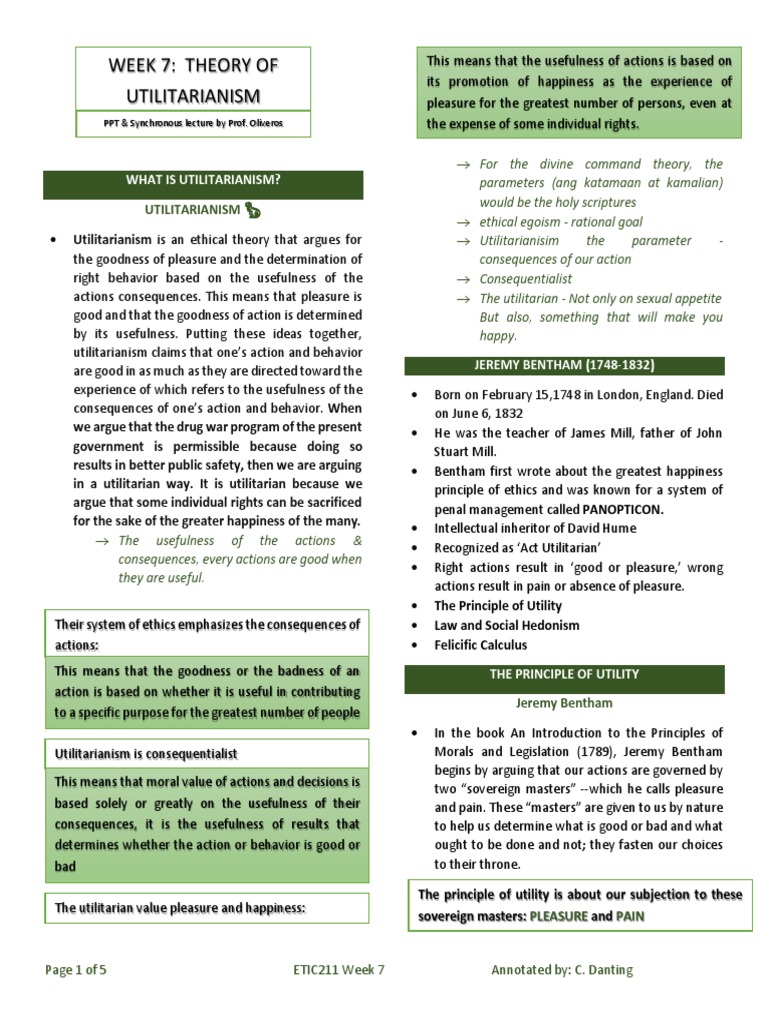 Week 7: Theory of Utilitarianism | PDF | Utilitarianism | Pleasure