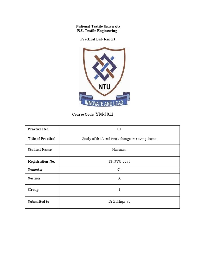 National Textile University B.S. Textile Engineering Practical Lab ...