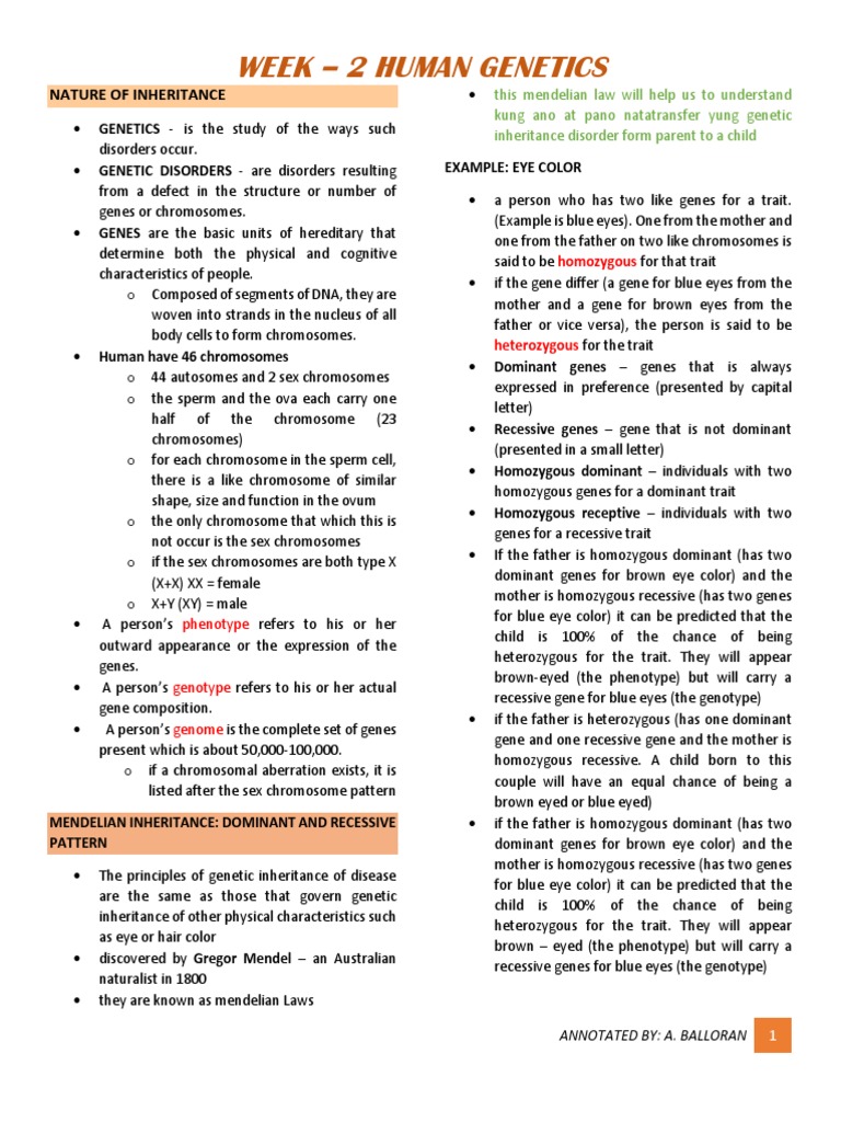 Ncma Week 2 - (2D) Human Genetics | PDF | Dominance (Genetics) | Genetic Disorder
