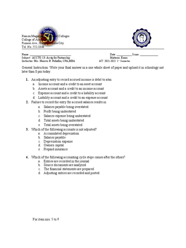 Acctg13 Midterm Exam TQ 2021 2022 2nd Sem | PDF | Partnership | Expense