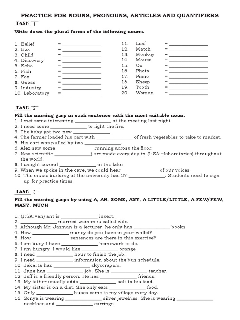 Tugas 1 PRACTICE NOUN, PRONOUN, ARTICLE AND QUANTIFIER | PDF