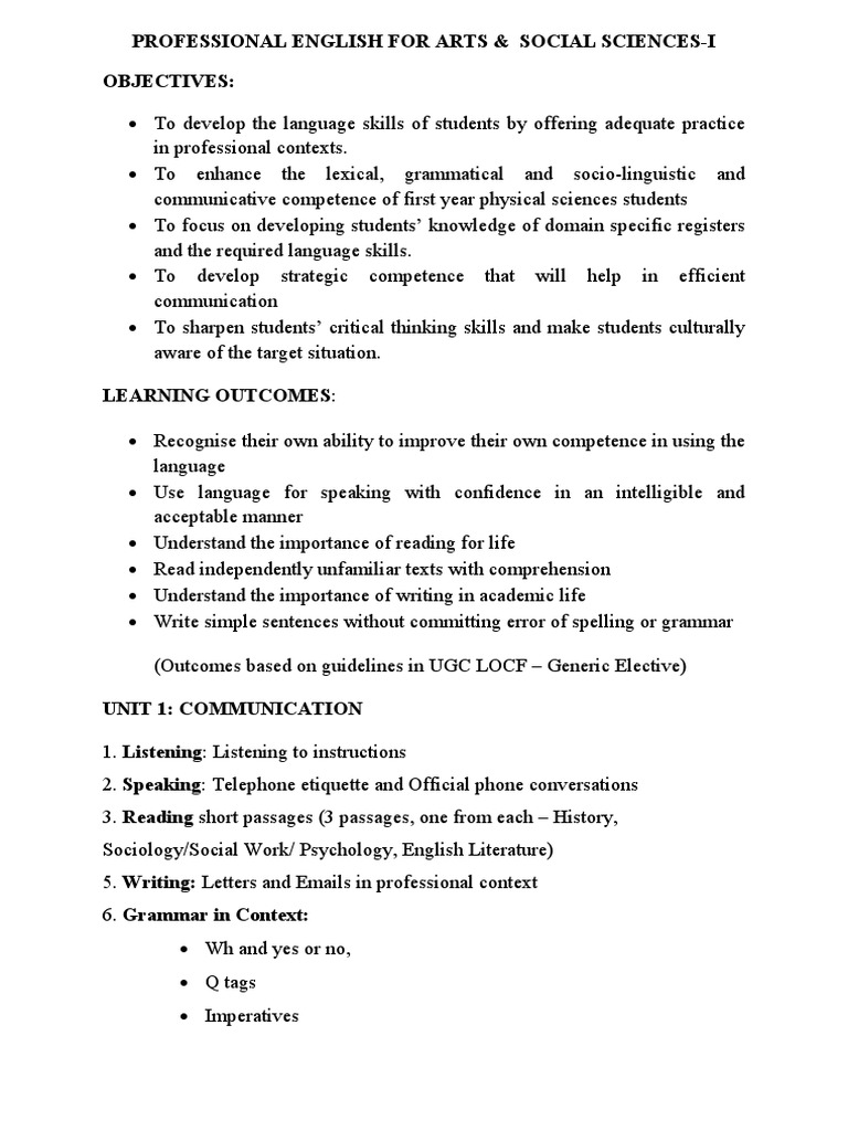 Professional English Syllabus | PDF | English Language | Communication