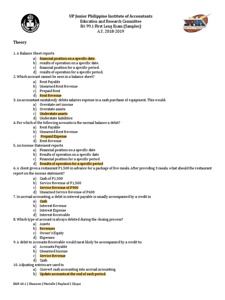 BA 99.1 First Long Exam Samplex | PDF | Debits And Credits | Revenue