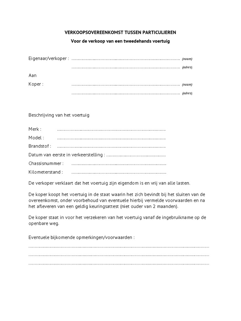 Verkoopsovereenkomst Tussen Particulieren | PDF