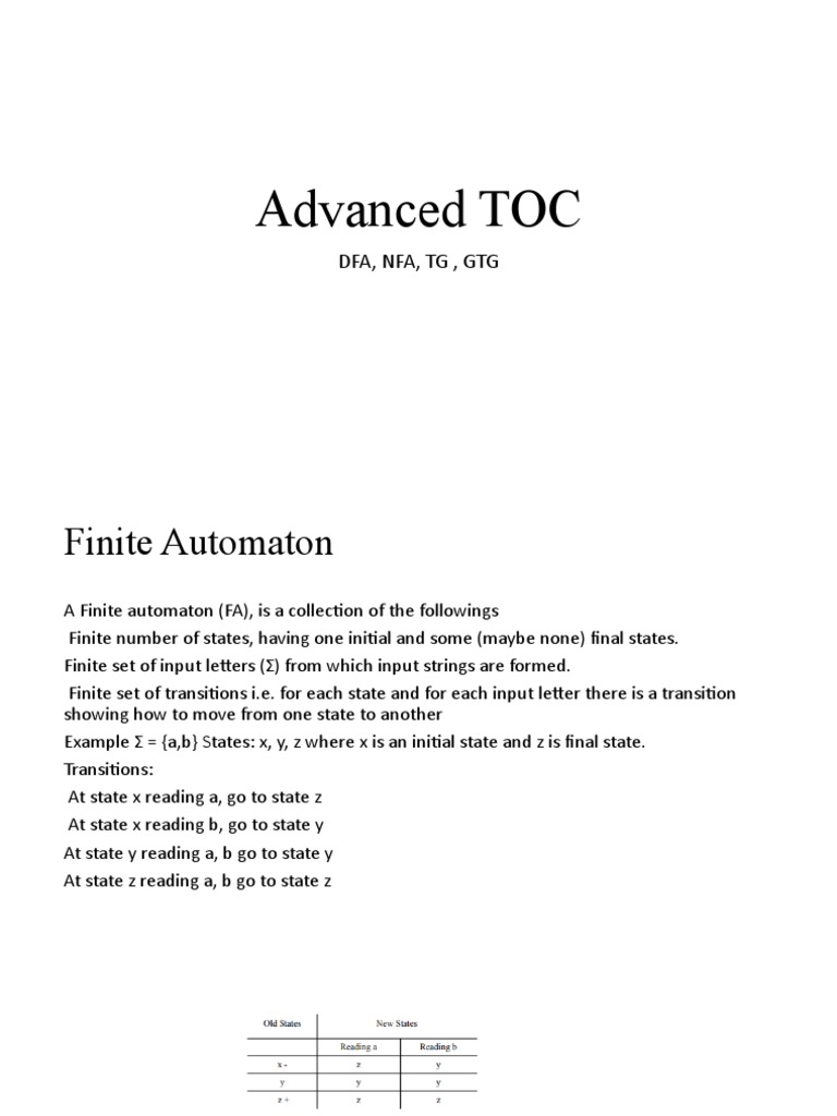 Advanced TOC: Dfa, Nfa, TG, GTG | PDF | Theory Of Computation | Theoretical Computer Science