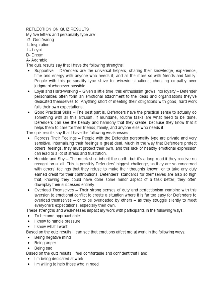 Quiz Reflection: Strengths and Weaknesses | PDF | Feeling | Personality ...