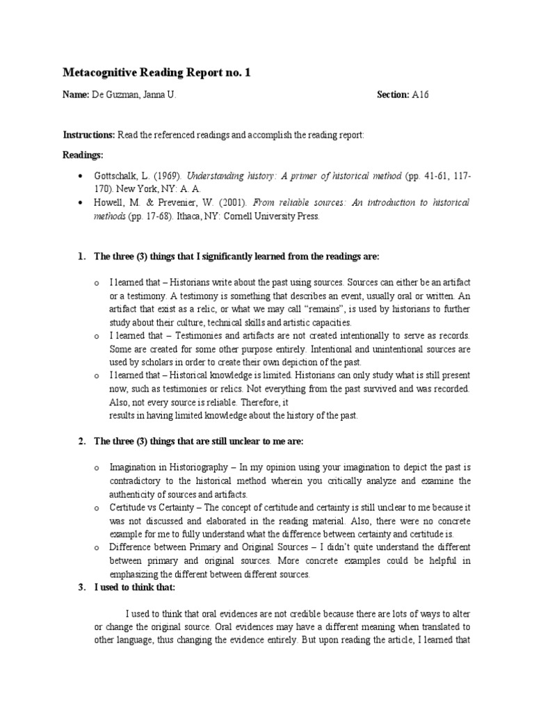 Metacognitive Reading Report No. 1: Methods (Pp. 17-68) - Ithaca, NY ...