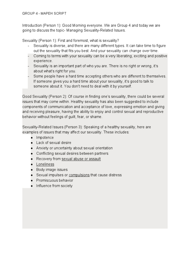 Group 4 Mapeh Script | PDF | Human Sexuality | Mental Health