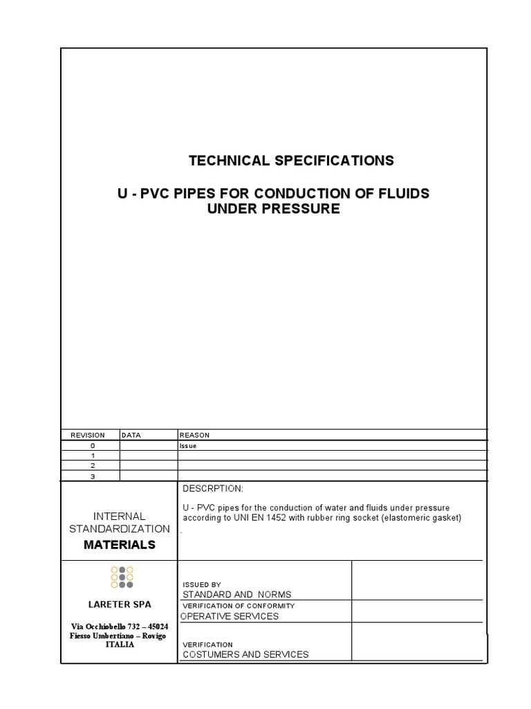 Technical Specifications U - PVC Pipes For Conduction of Fluids Under Pressure | PDF | Pipe ...