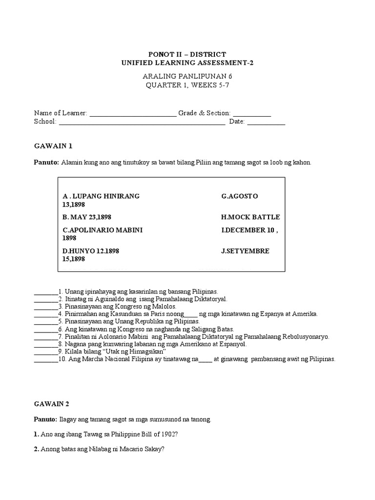 2nd SUMMATIVE TEST in ARPAN 6 Q1 | PDF