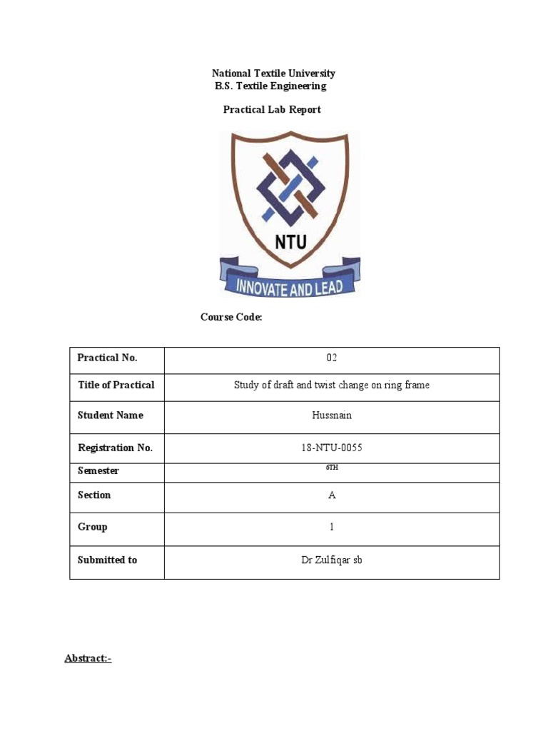 National Textile University B.S. Textile Engineering Practical Lab ...