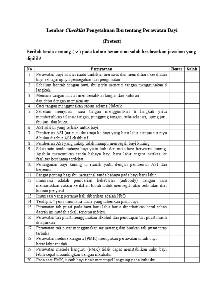 Checklist Pengetahuan Perawatan Bayi | PDF