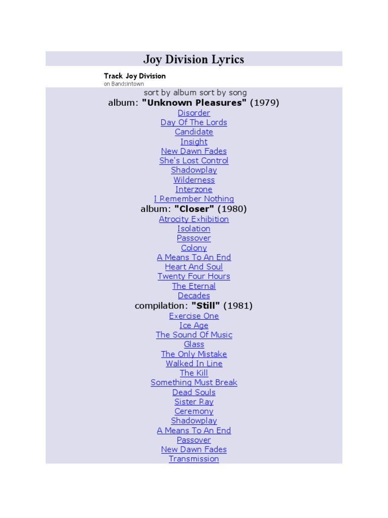 Joy Division Lyrics: Album: "Unknown Pleasures" (1979) | PDF | Recorded ...