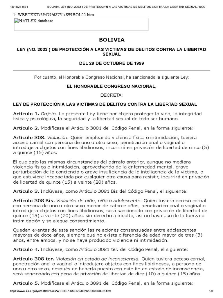 Bolivia. Ley (No. 2033) de Protecci+n A Las Victimas de Delitos Contra La Libertad Sexual, 1999 ...