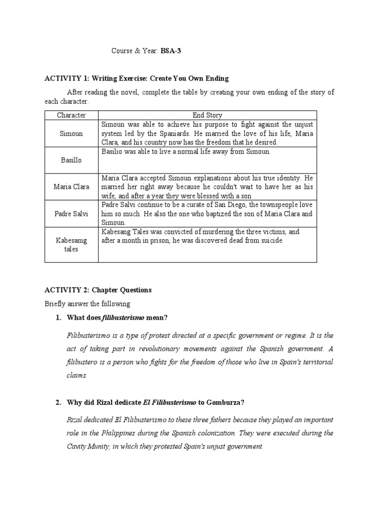 Activity On El Filibusterismo | PDF