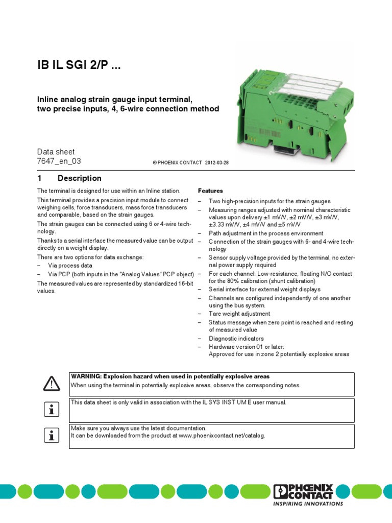 Ib Il Sgi 2/P ... : Inline Analog Strain Gauge Input Terminal, Two ...