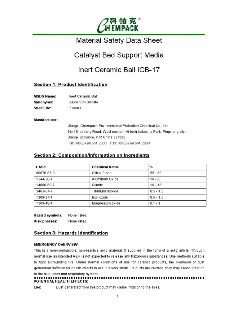 Material Safety Data Sheet Catalyst Bed Support Media Inert Ceramic ...