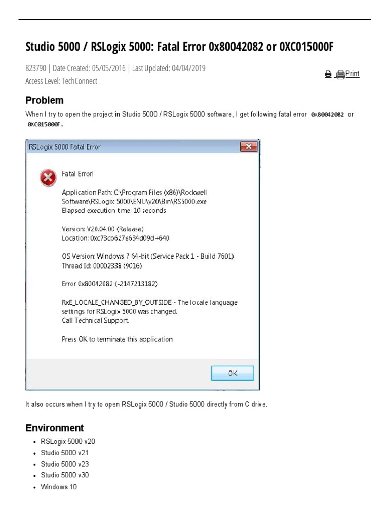 Studio 5000 - RSLogix 5000 - Fatal Error 0x80042082 or 0XC015000F | PDF | Windows Registry ...