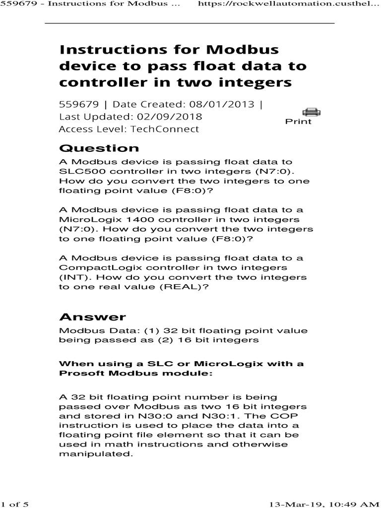 Instructions For Modbus Device To Pass Float Data To Controller in Two Integers | PDF | Teaching ...