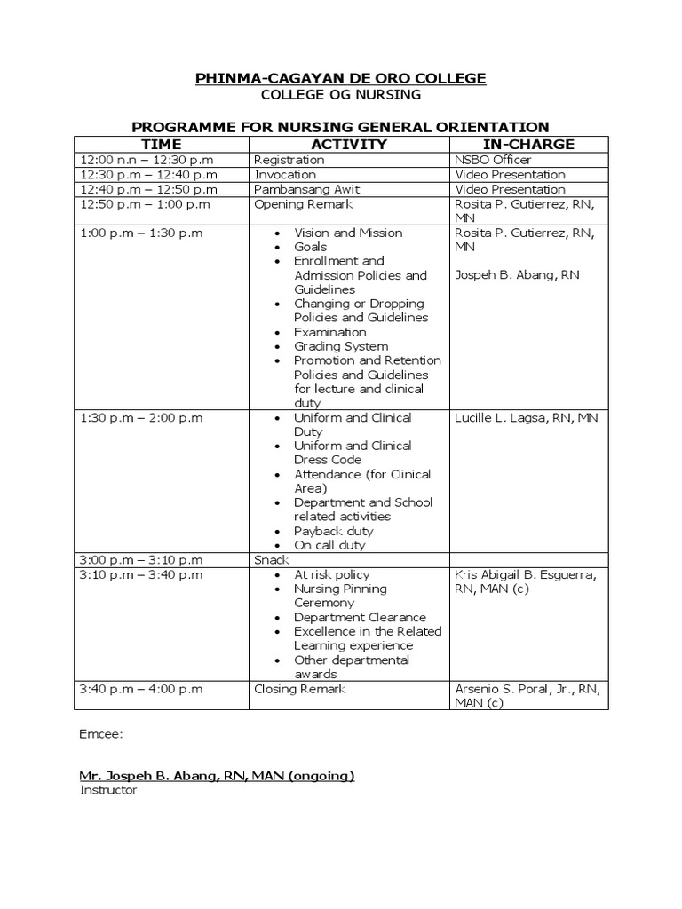 Programme For Nursing General Orientation | PDF