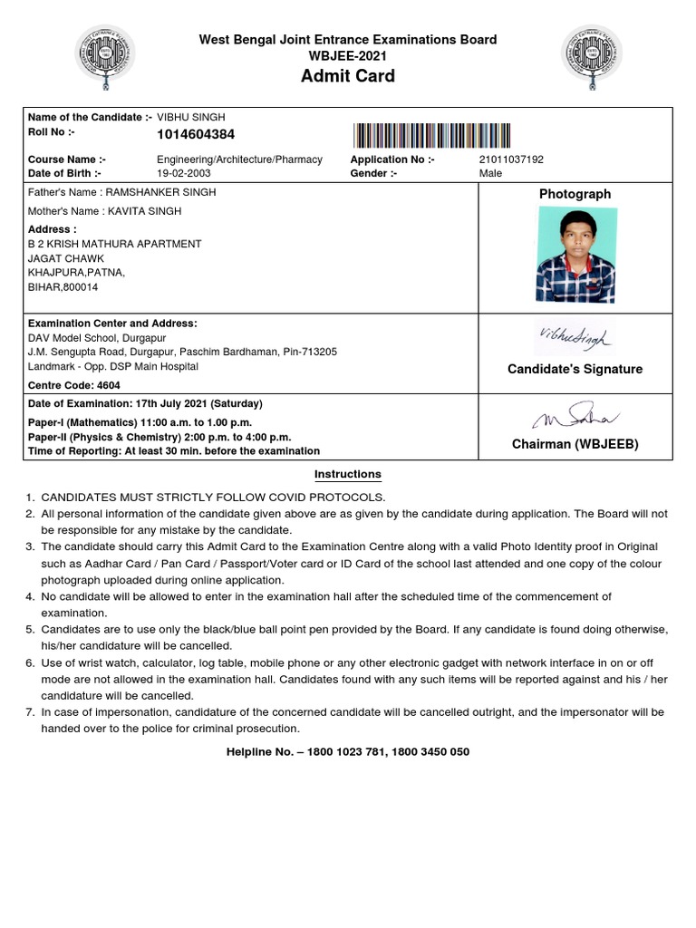 Admit Card: West Bengal Joint Entrance Examinations Board WBJEE-2021 | PDF | Authentication ...