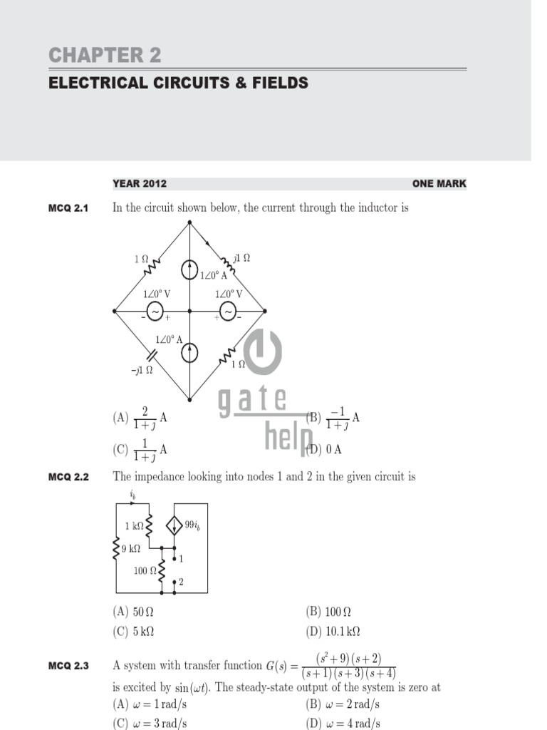 Electrical Circuits & Fields: YEAR 2012 One Mark MCQ 2.1 | PDF