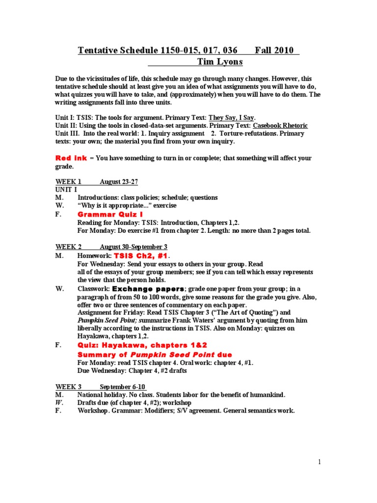Fall 2010 Tentative Schedule for Writing Assignments | PDF | Essays ...